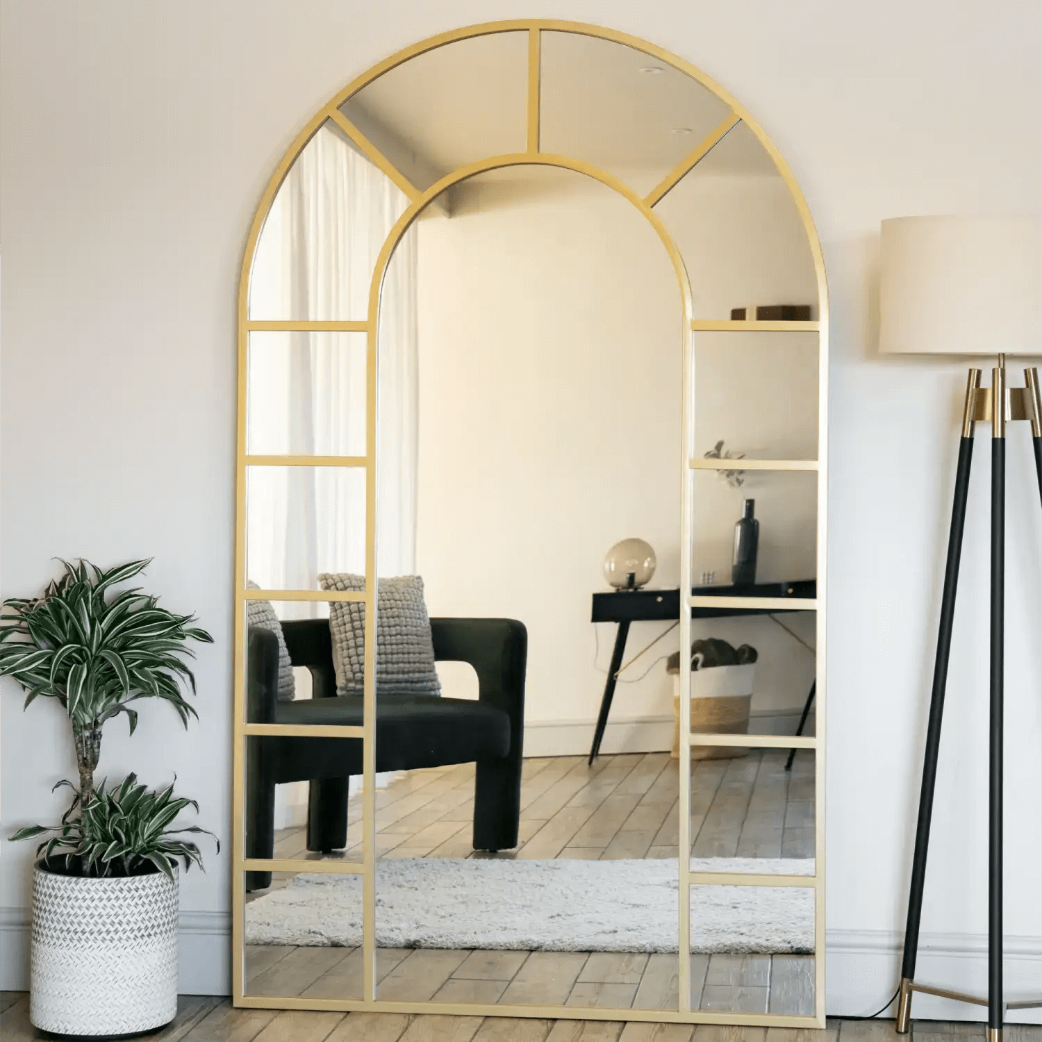 Mio - Full Length Gold Metal Arched Window Mirror